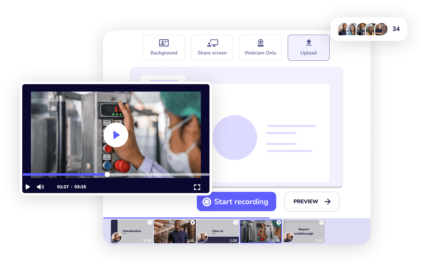 Create how-to videos with webcam, filters, screen share, and video upload.